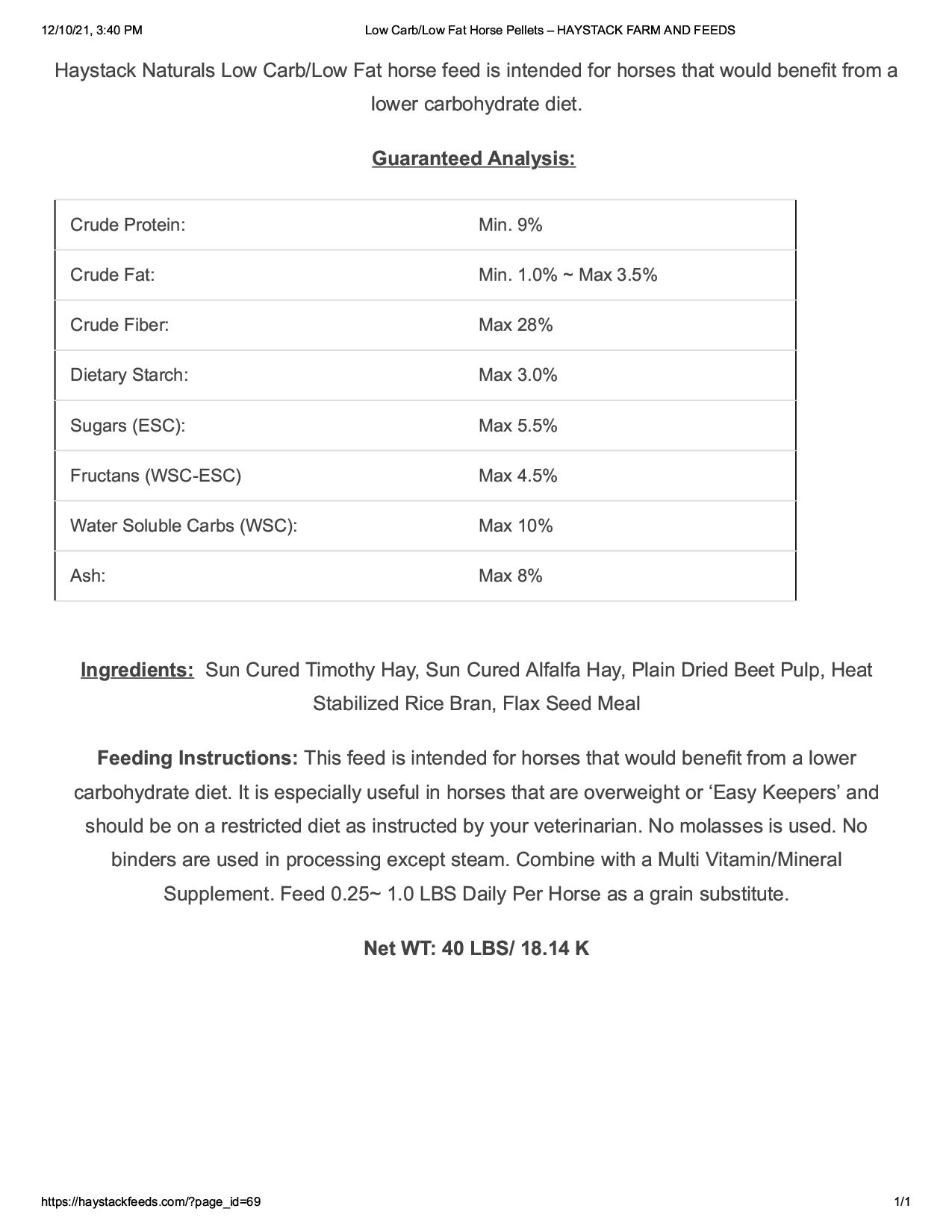 Haystack Low Carb 40# – Kenai Feed